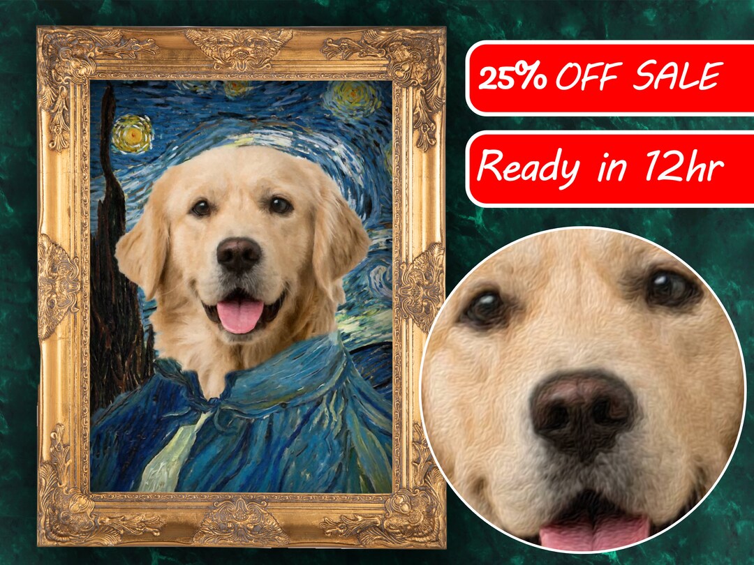 Custom Pet Portrait Van Gogh Starry Night, Dog Portrait, Cute Pet ...