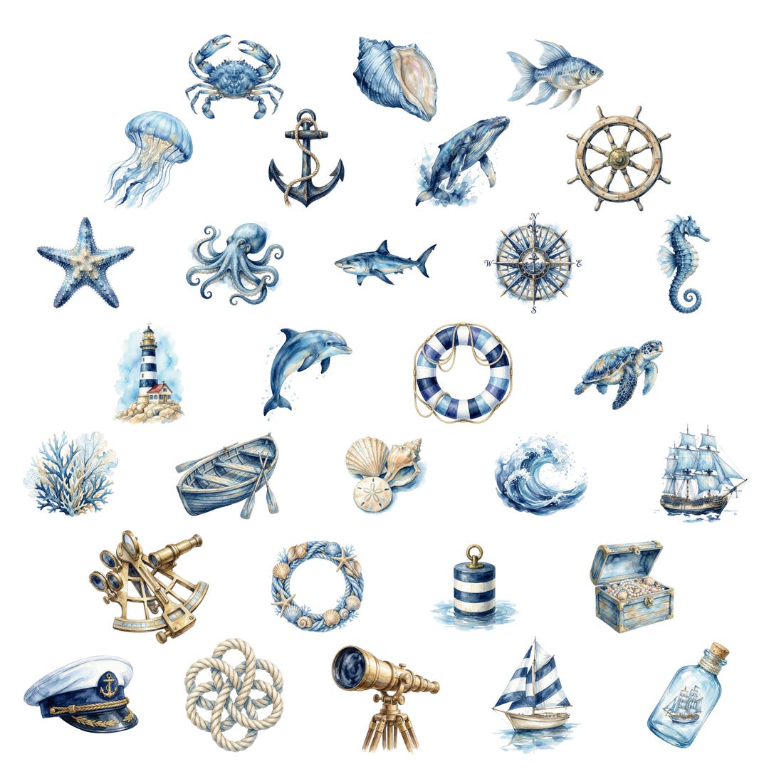 Blue Nautical Watercolor Clipart Bundle: Coastal Summer 30 PNG (digital ...