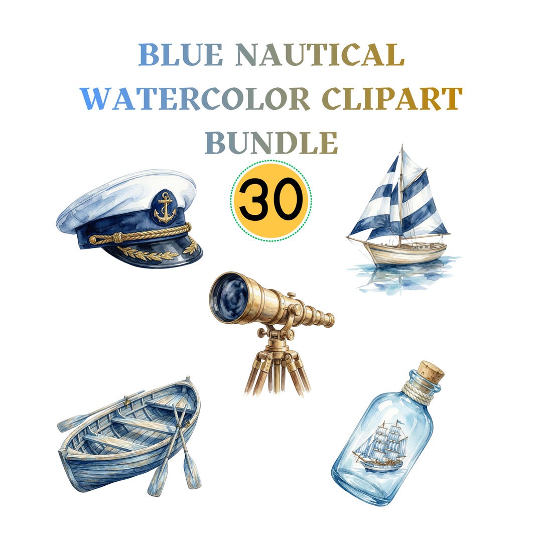 Blue Nautical Watercolor Clipart Bundle: Coastal Summer 30 PNG (digital ...
