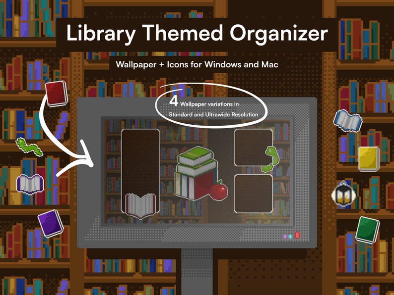 Library Desktop Wallpaper and Icons Pixel Art Customizable Computer ...