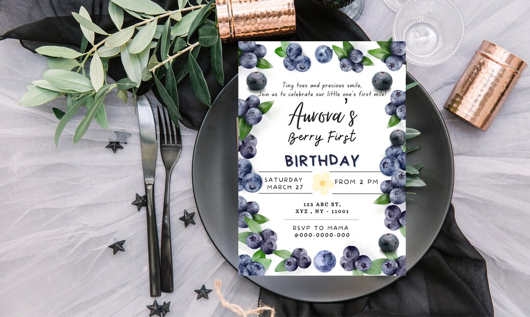 Editable Blueberry Birthday Invitation First Birthday Berry Sweet Boy ...