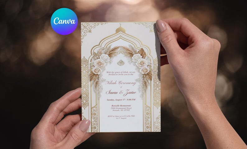 Elegant Islamic Wedding Invitation: Arabic Calligraphy Canva Template ...