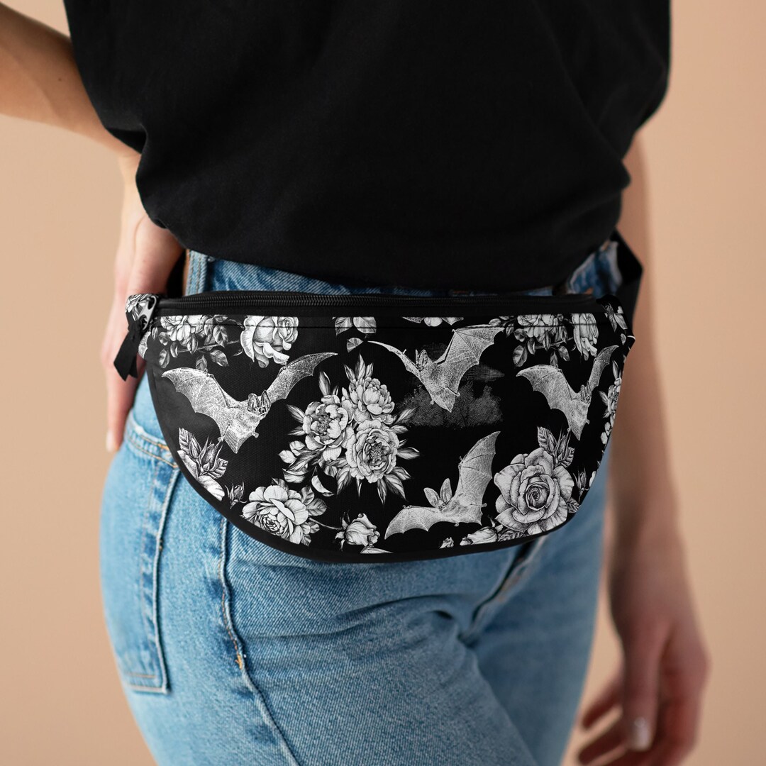 Bats & Roses Fanny Pack | Monochromatic Bats Hip Bag | Floral Waist ...