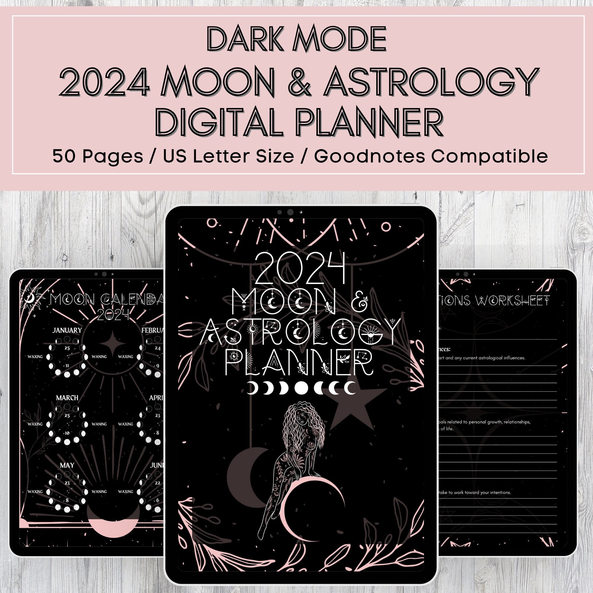 Dark Mode 2024 Moon & Astrology Digital Planner | Digital Moon Planner ...