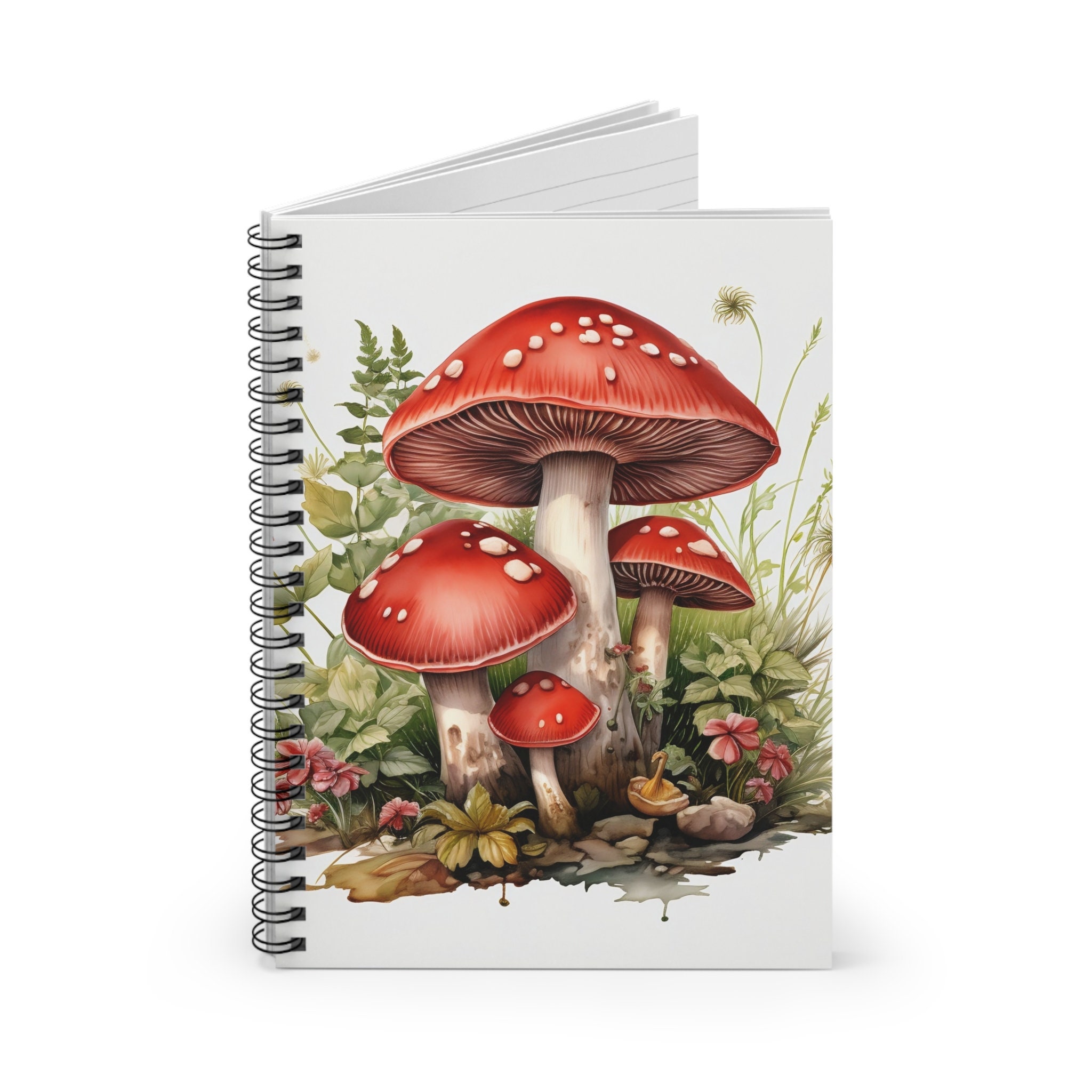 Spiral Notebook, Red Mushrooms and Ferns, Mushroom and Ferns Journal ...