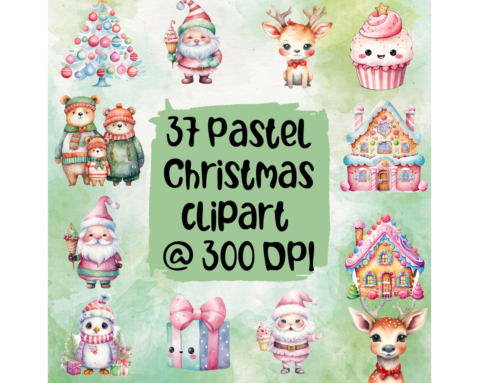 Pastel Christmas Clipart Watercolor Clipart Bundle of 37 Pngs Santa ...