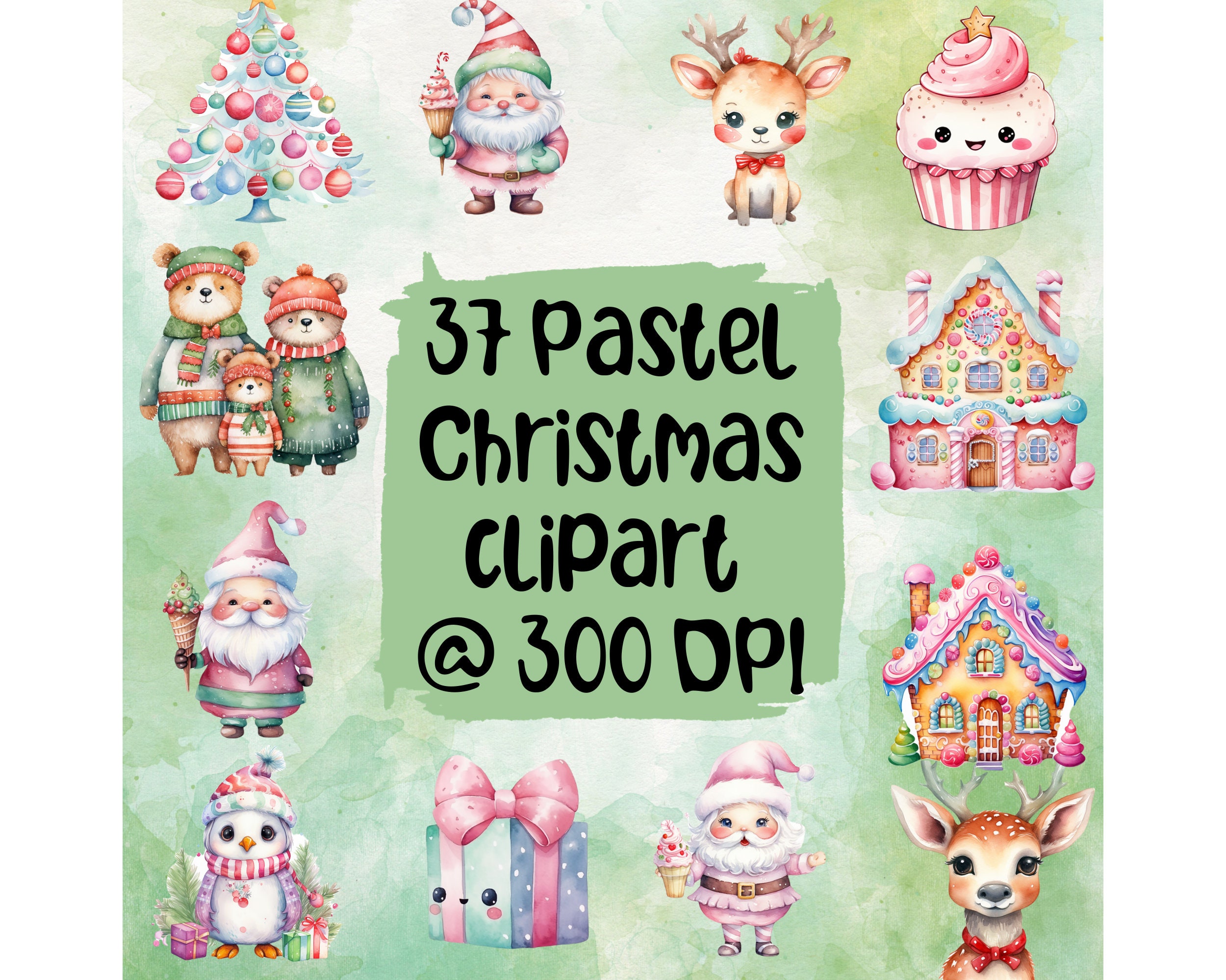 Pastel Christmas Clipart Watercolor Clipart Bundle of 37 Pngs Santa ...