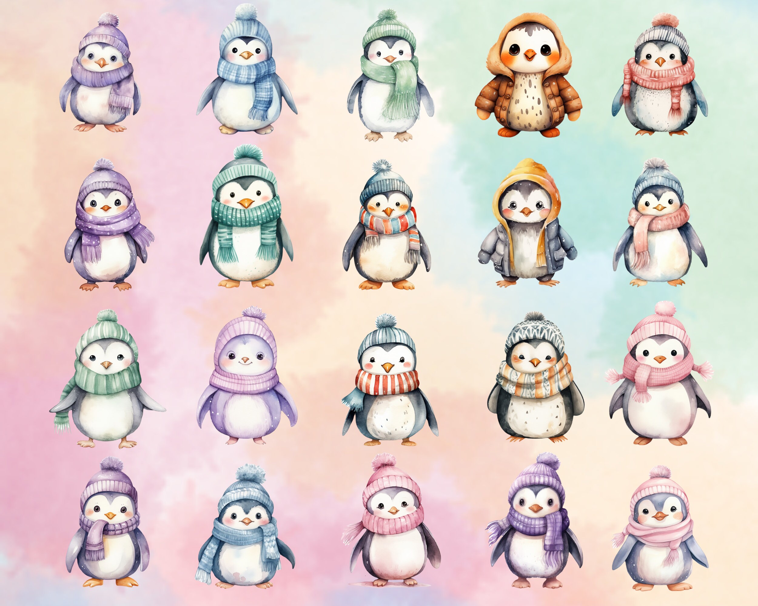 Watercolor Winter Penguin Clipart for Christmas - Bundle of 47 ...