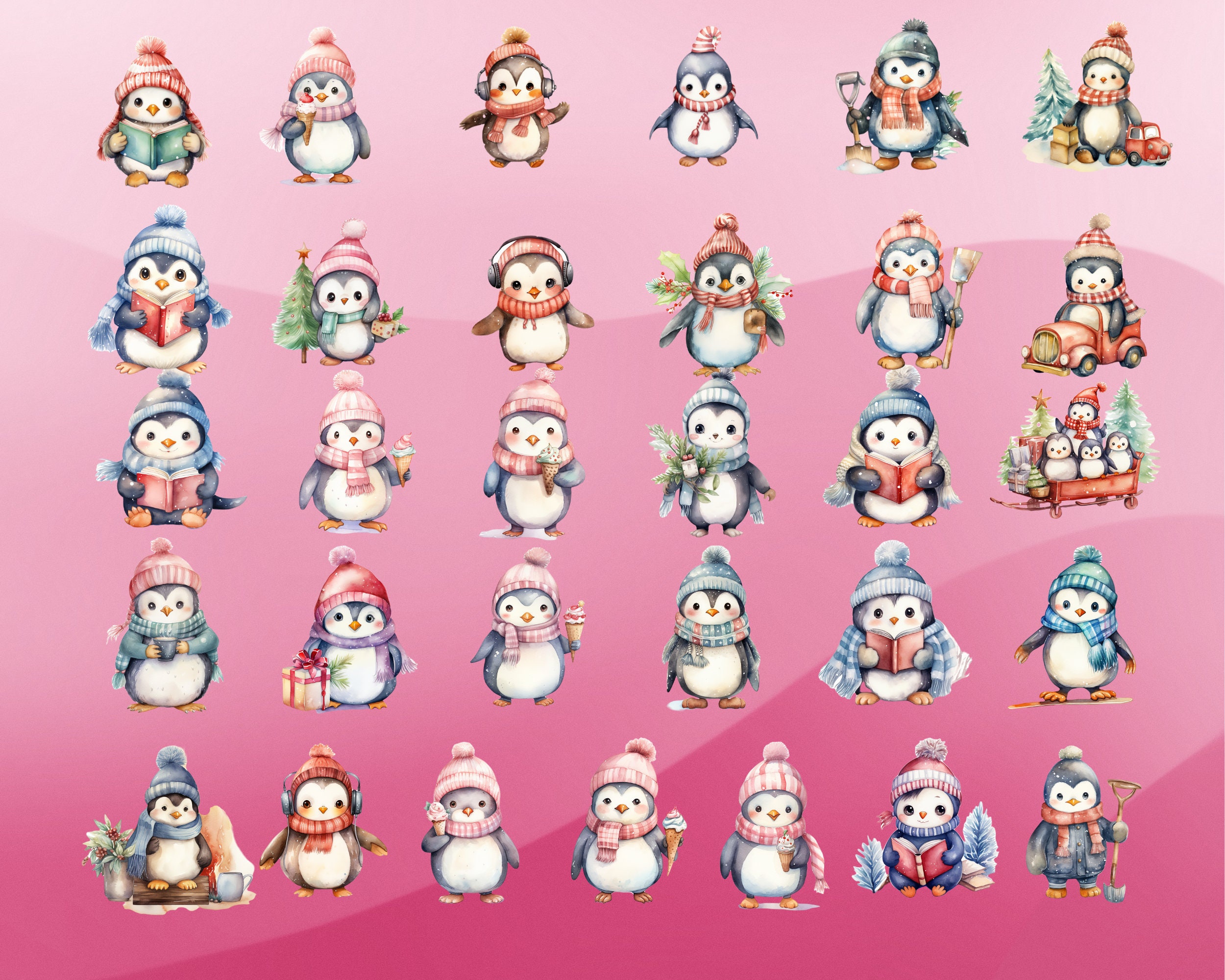 Watercolor Penguin Clipart, Winter Penguin Clipart, Holiday Penguin ...