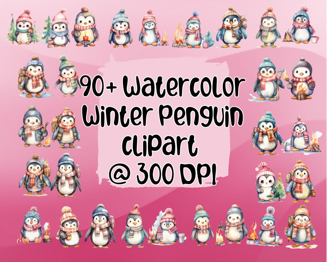 Watercolor Penguin Clipart, Winter Penguin Clipart, Holiday Penguin ...