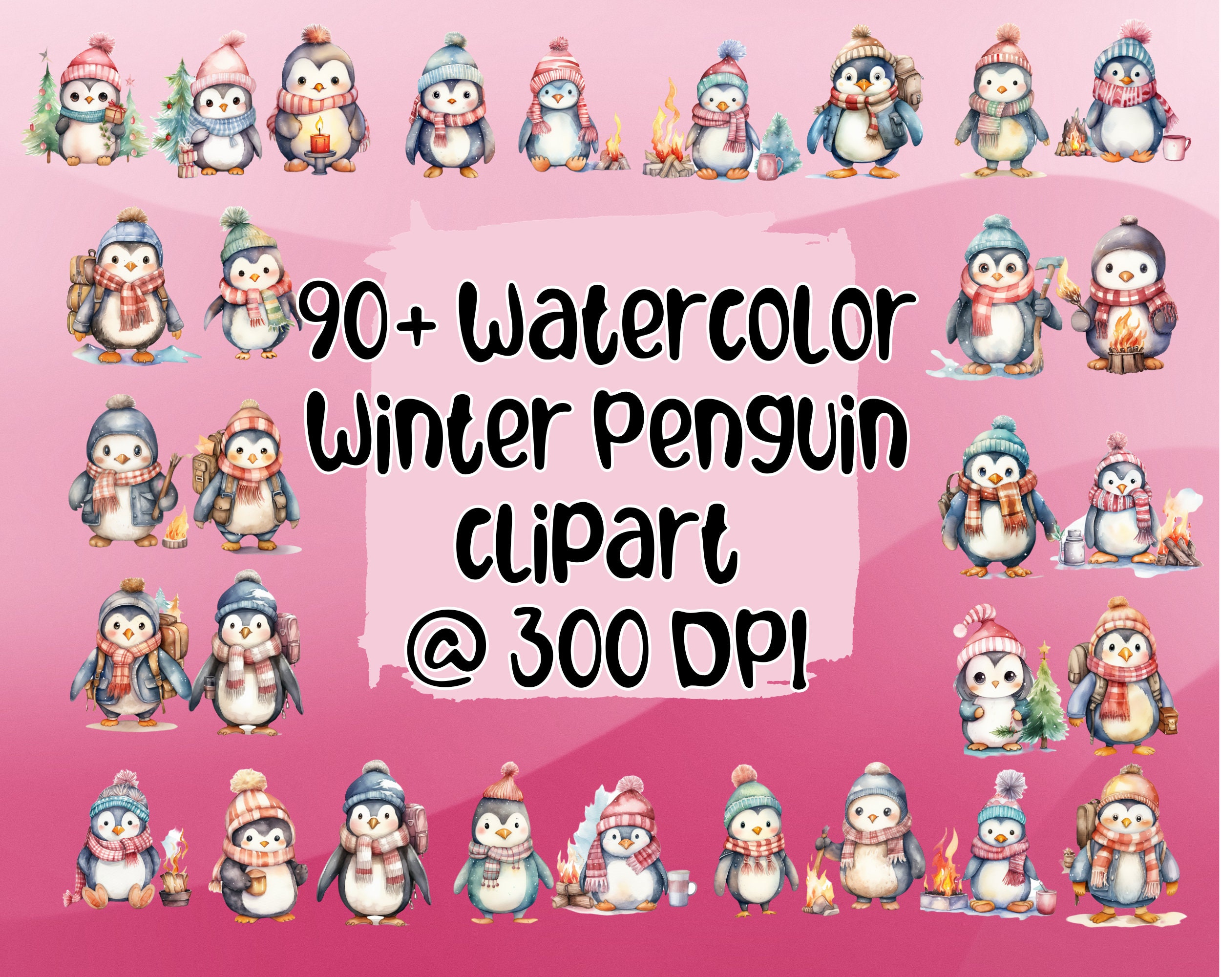 Watercolor Penguin Clipart, Winter Penguin Clipart, Holiday Penguin ...