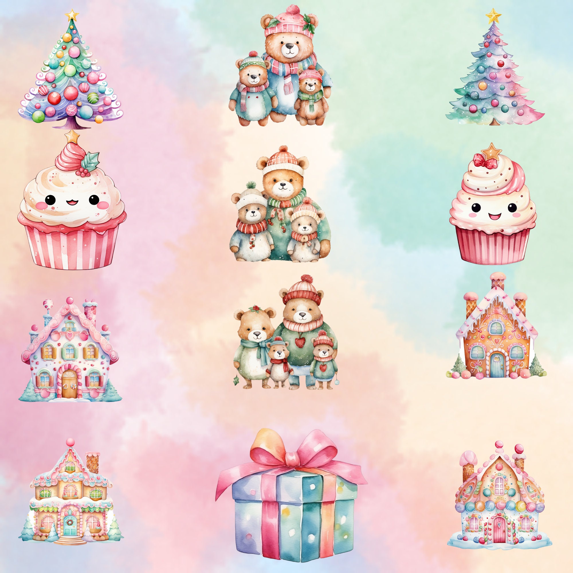 Pastel Christmas Clipart Watercolor Clipart Bundle of 37 Pngs Santa ...