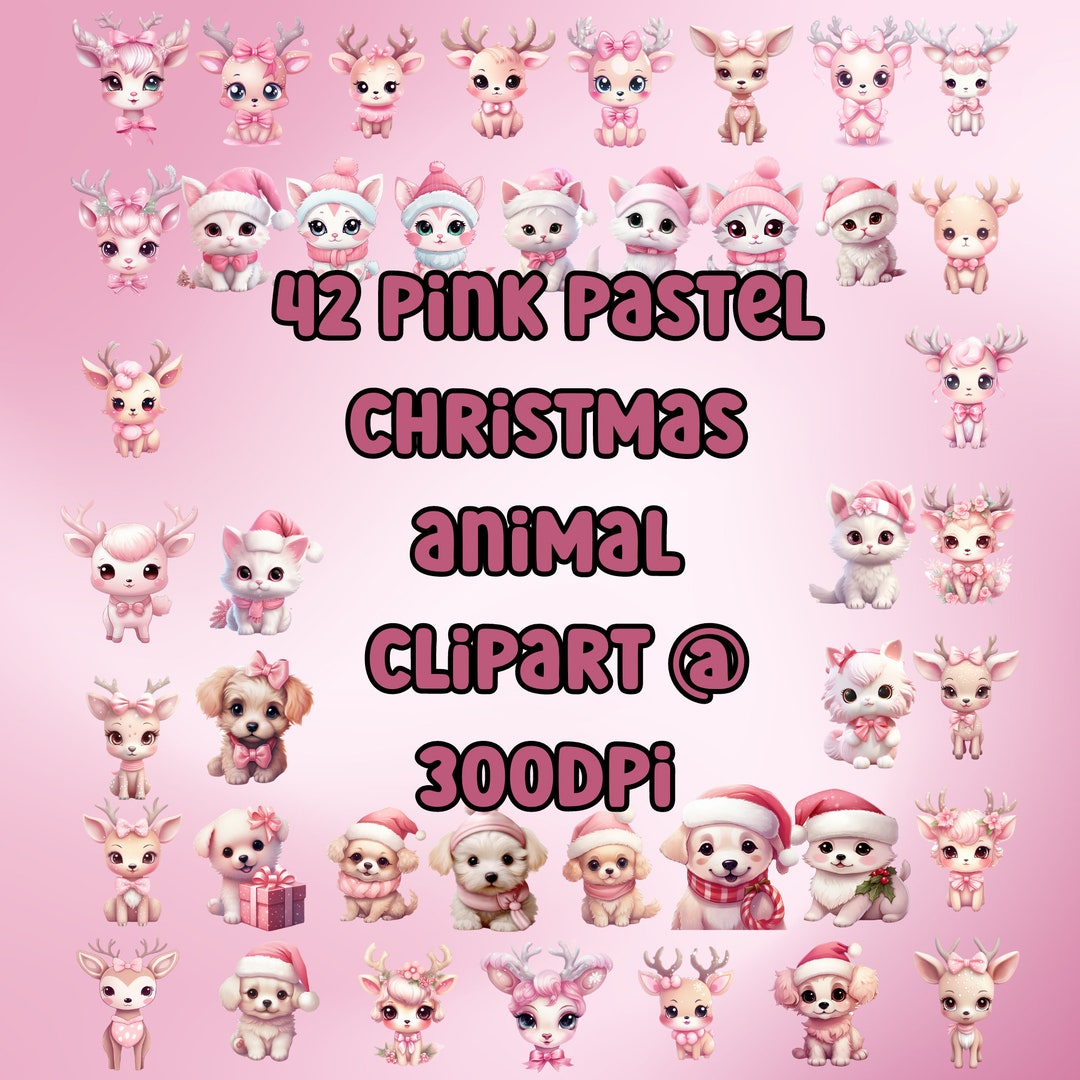 Kawaii Pastel Pink Christmas Clipart of Animals-watercolor Clipart ...