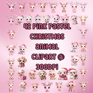 Kawaii Pastel Pink Christmas Clipart of Animals-watercolor Clipart ...