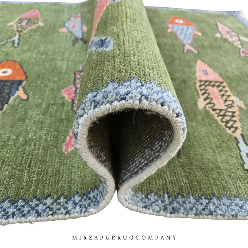 Koi Fish Stair Runner Rug | Hand-knotted Green Wool Carpet for Kitchen ...