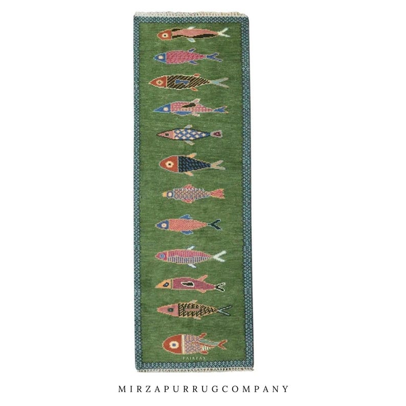 Koi Fish Stair Runner Rug | Hand-knotted Green Wool Carpet for Kitchen ...