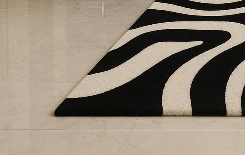 Black and White Hand Tufted Abstract Area Rug: Geometric Wave Art Decor ...