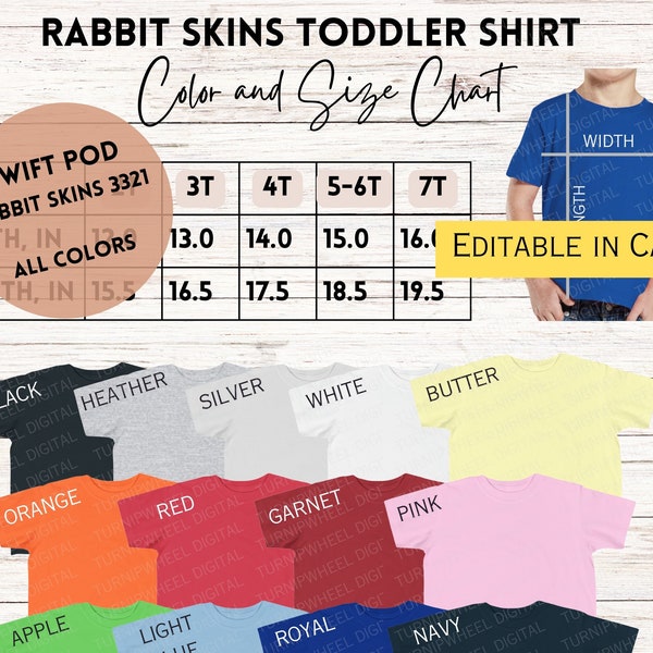 Rabbit Skins 3321 Toddler Shirt Color and Size Chart Swift POD Colors ...