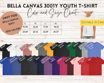 2023 Editable Youth Bella Canvas 3001Y BUNDLE Color Chart and Size ...