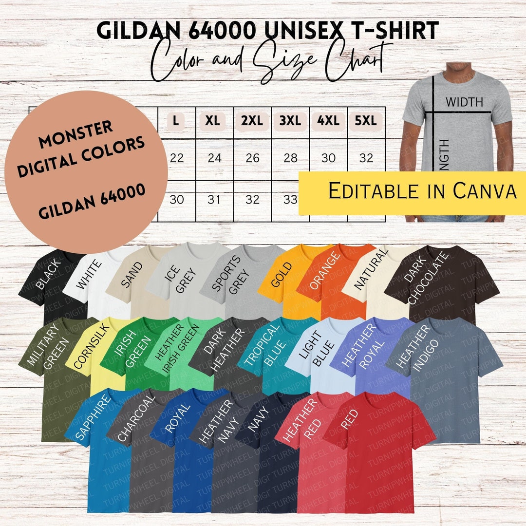 Gildan 64000 Color and Size Chart Shirt Colors Shirt Color Chart for ...