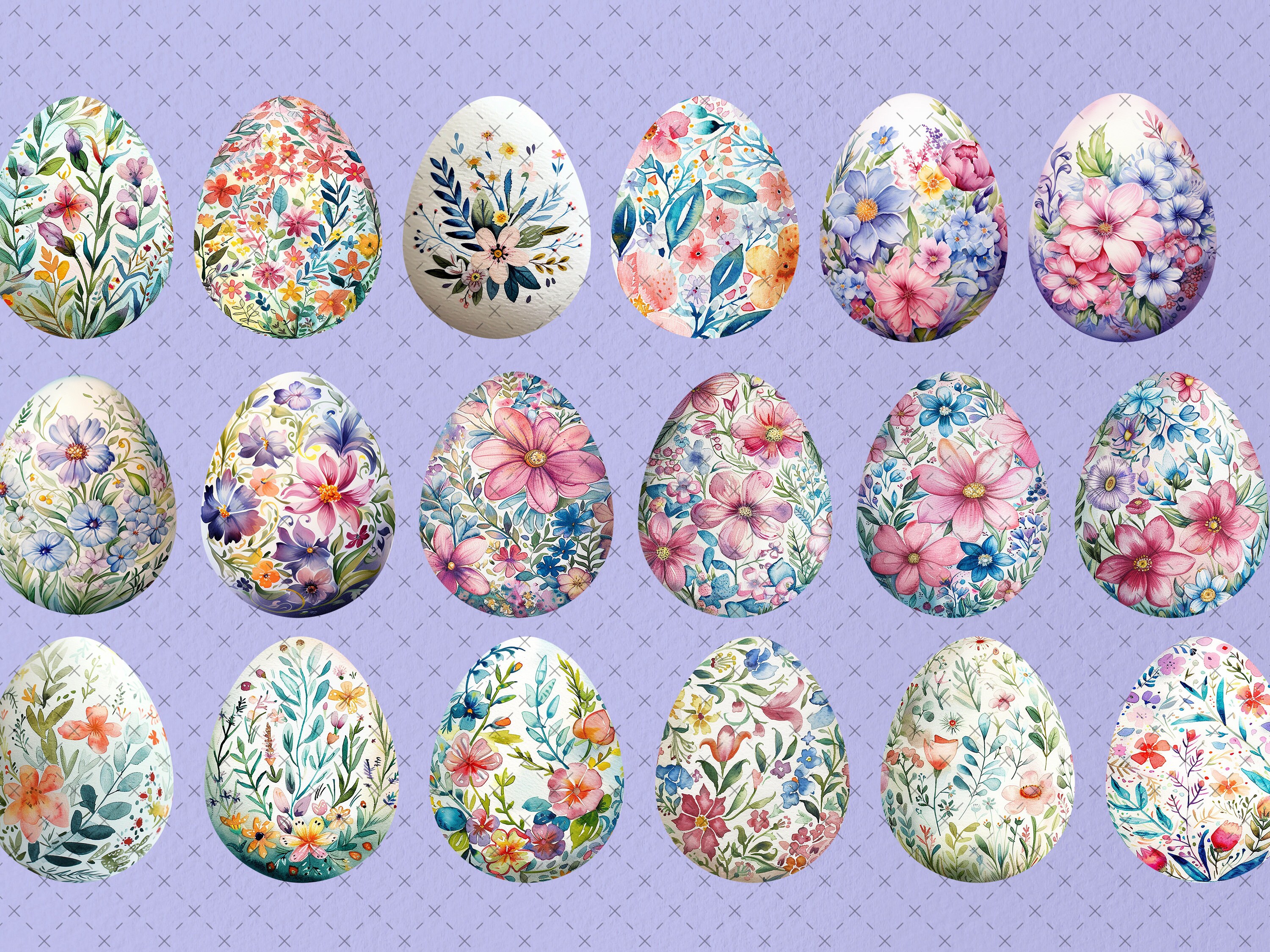72 Floral Easter Eggs Cute Digital Clipart Bundle, Watercolor ...