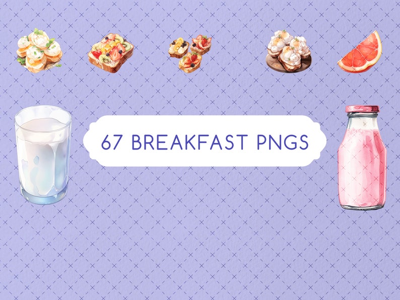 67 Breakfast Item Clipart Bundle Set, Watercolor Clipart, Watercolor ...