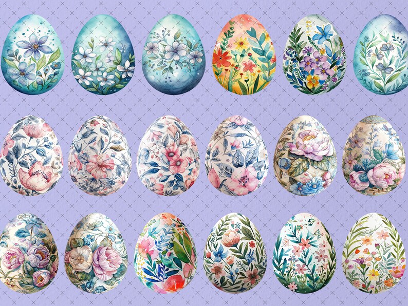 72 Floral Easter Eggs Cute Digital Clipart Bundle, Watercolor ...
