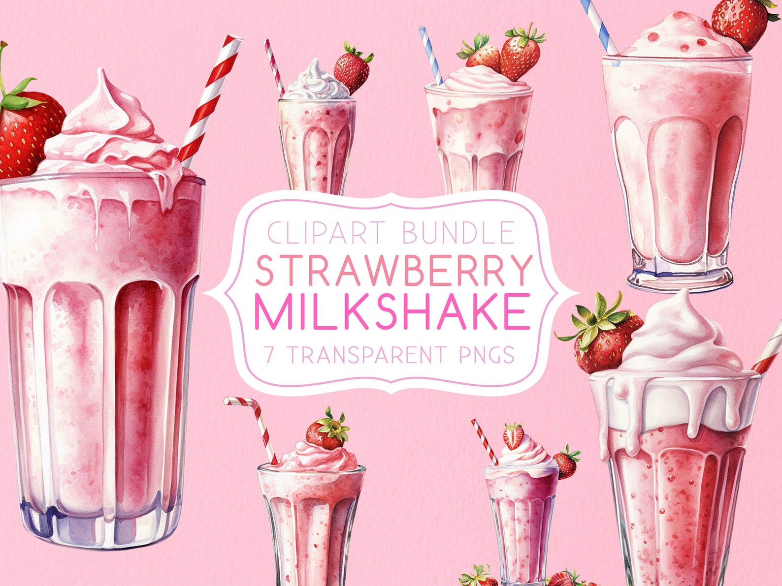 07 Strawberry Milkshake Clipart Bundle Set, High Quality Watercolor ...