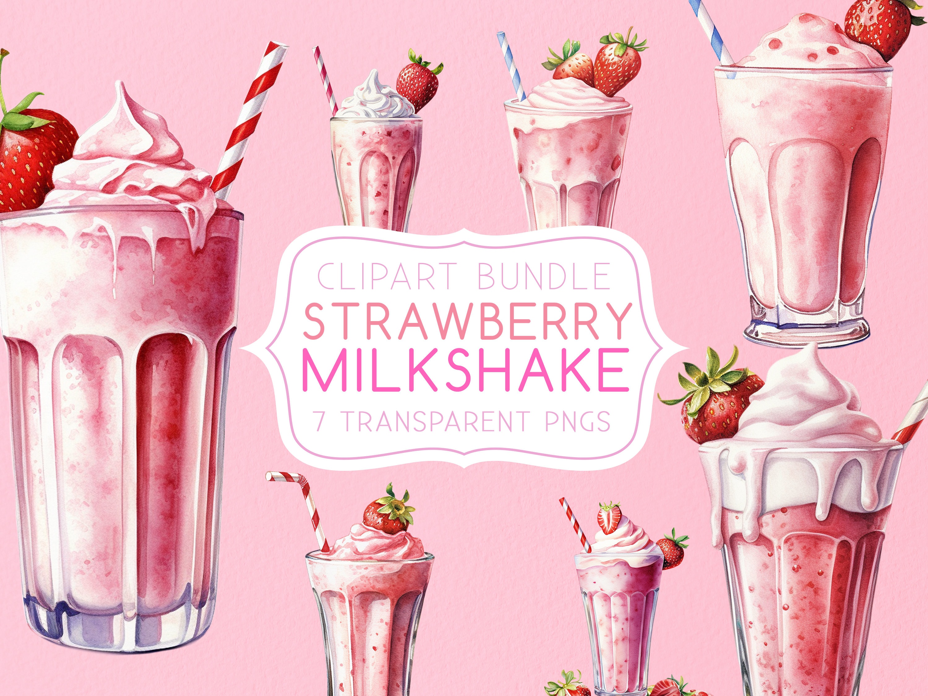 07 Strawberry Milkshake Clipart Bundle Set, High Quality Watercolor ...