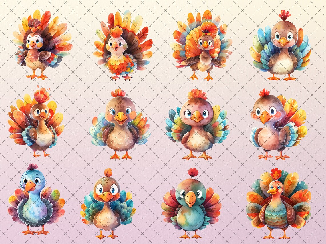 22 Turkey Cartoon Cute Digital Clipart Bundle, Watercolor Illustration ...