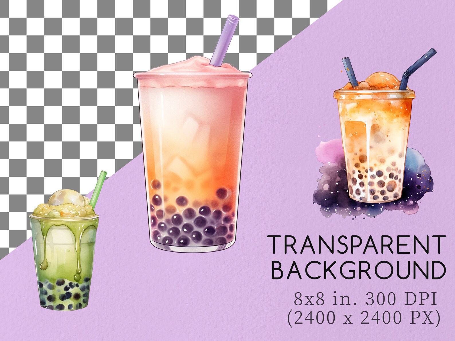 25 Bubbletea Boba Tea Clipart Bundle Set, Watercolor Clipart Watercolor ...