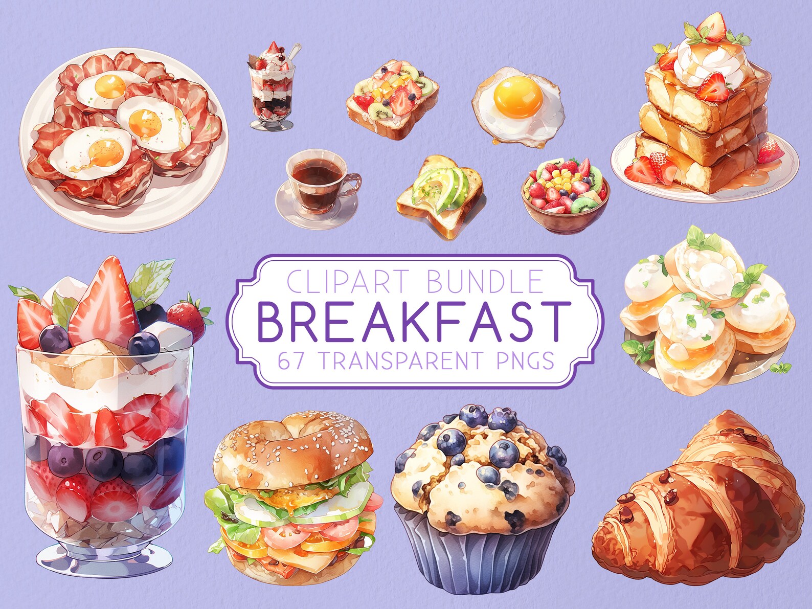 Watercolor Breakfast Clipart Bundle, Food Illustrations (PNG Digital ...