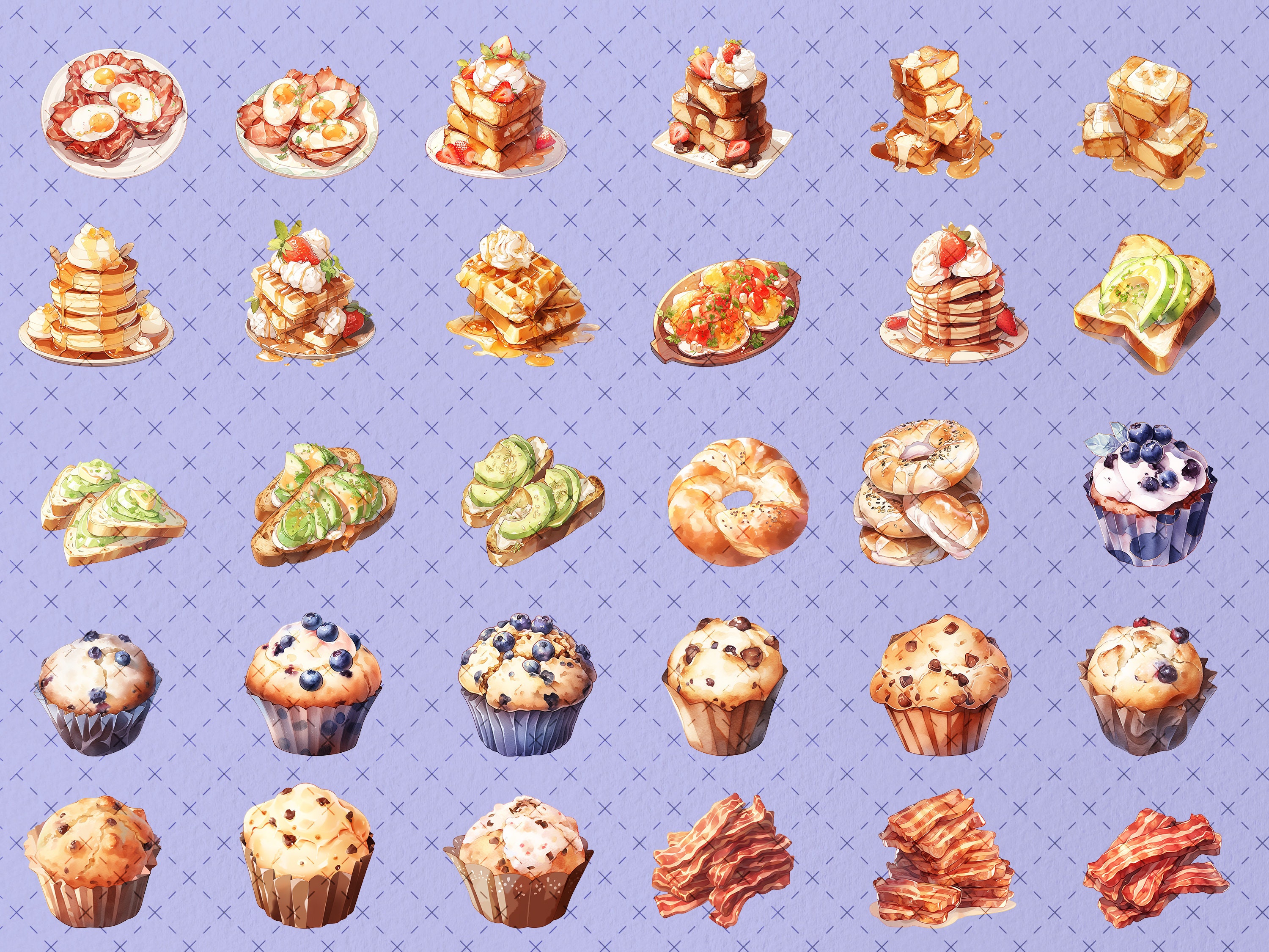 67 Breakfast Item Clipart Bundle Set, Watercolor Clipart, Watercolor ...