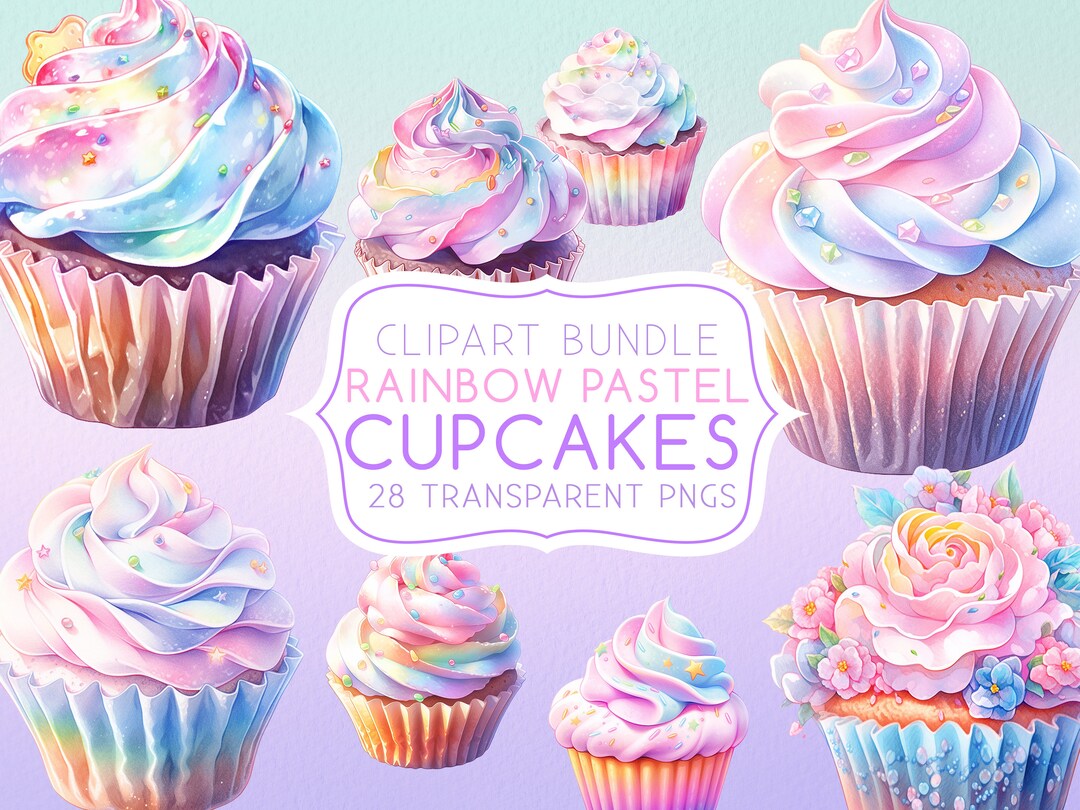 28 Rainbow Pastel Cupcakes Clipart Bundle Set, High Quality Watercolor ...