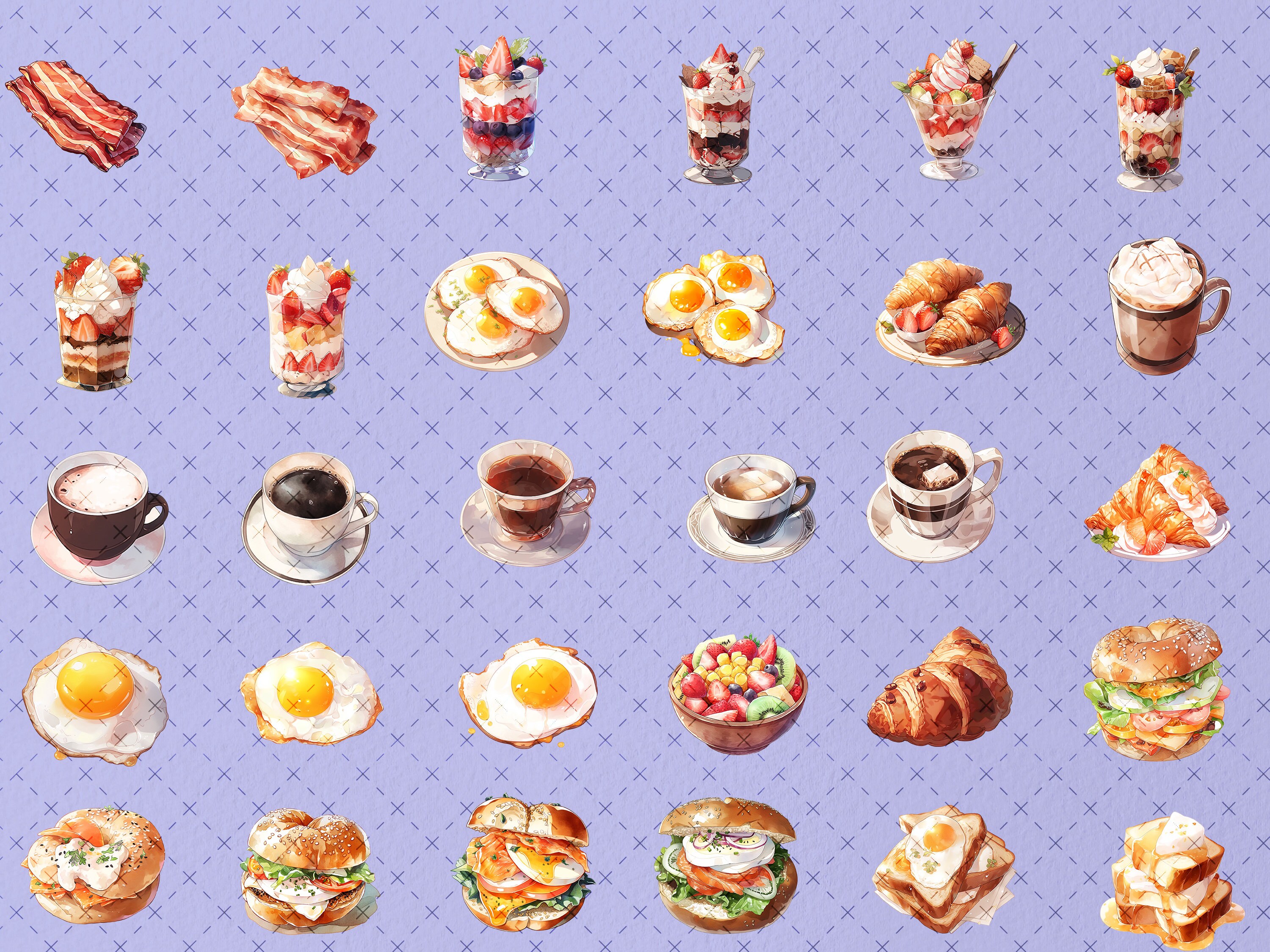 67 Breakfast Item Clipart Bundle Set, Watercolor Clipart, Watercolor ...