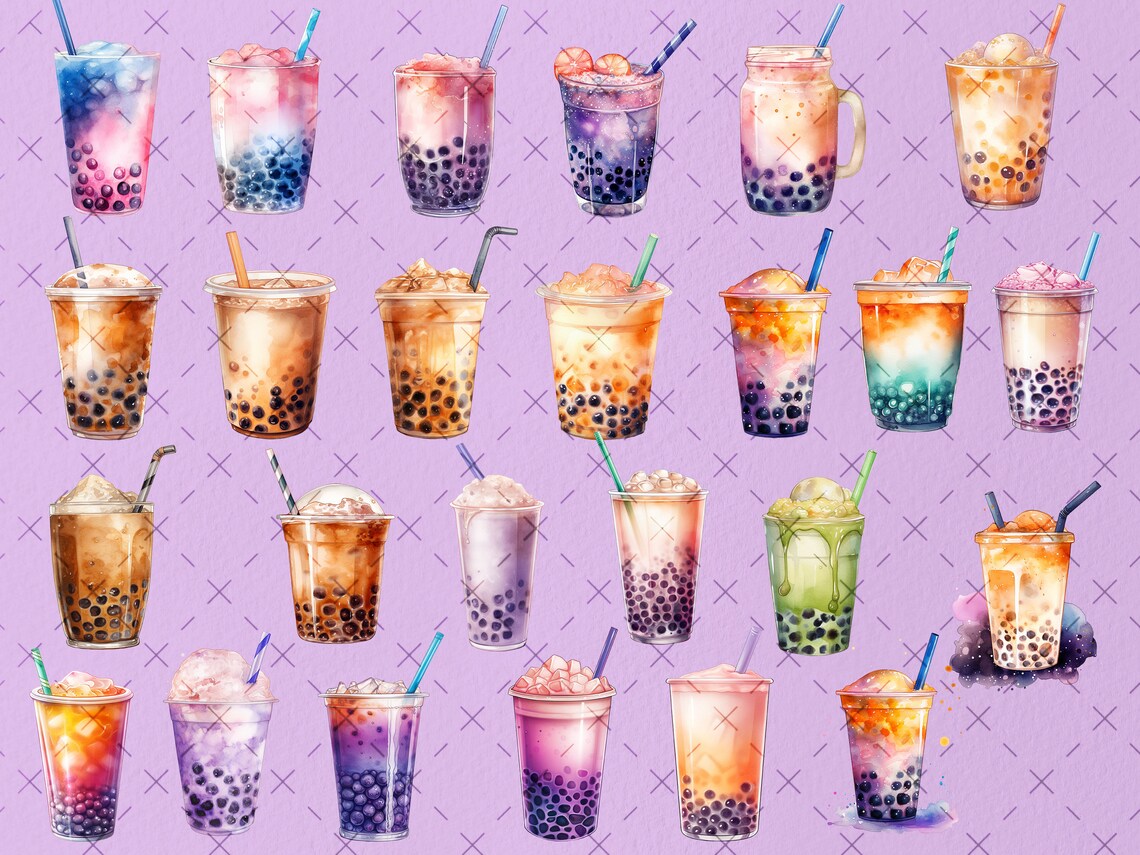 25 Bubbletea Boba Tea Clipart Bundle Set, Watercolor Clipart Watercolor ...