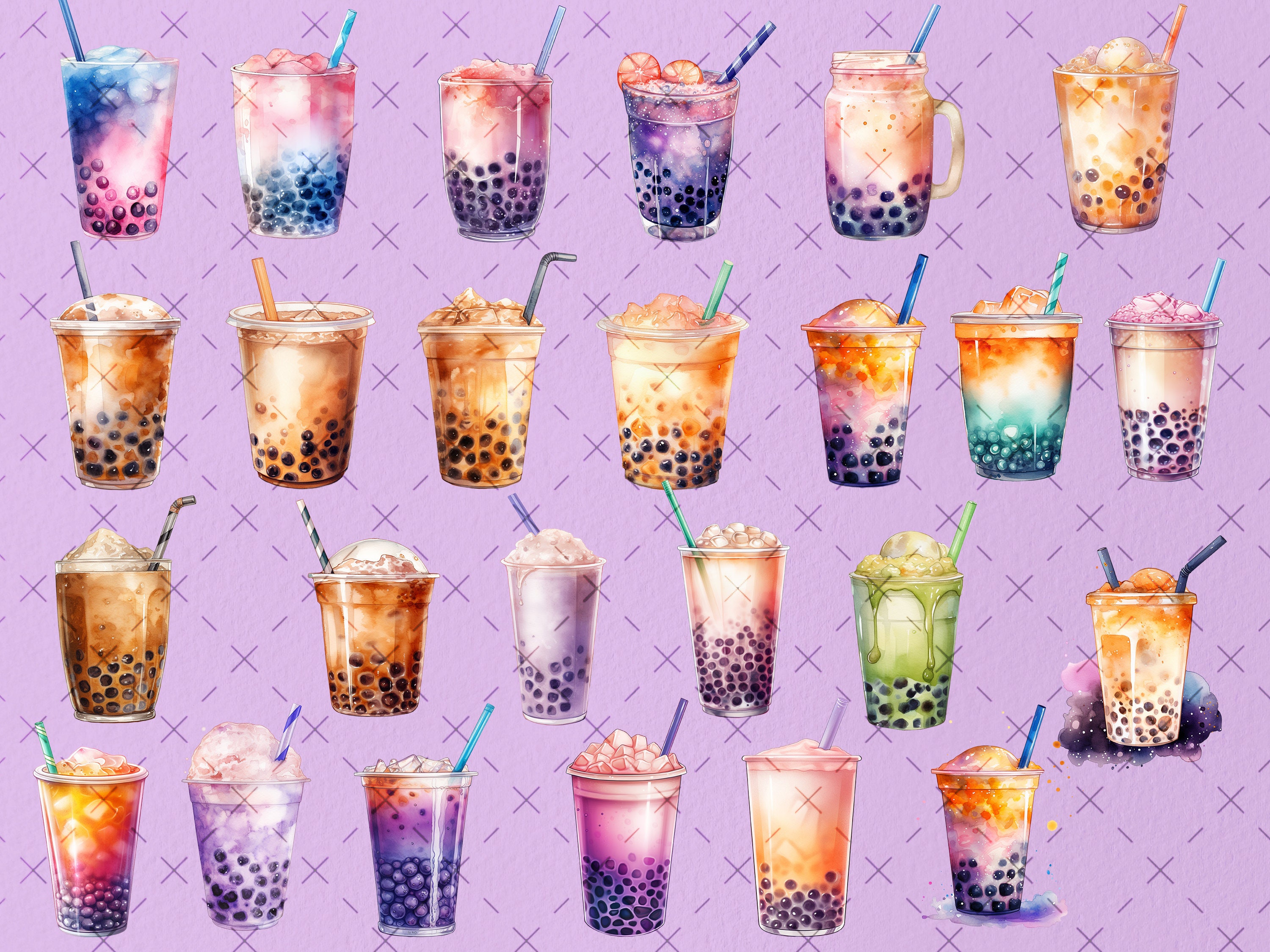 25 Bubbletea Boba Tea Clipart Bundle Set, Watercolor Clipart Watercolor ...