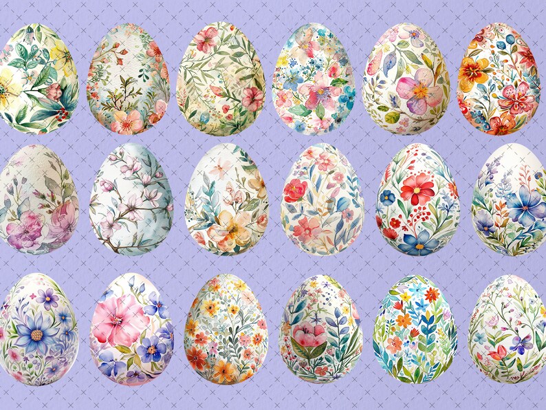 72 Floral Easter Eggs Cute Digital Clipart Bundle, Watercolor ...
