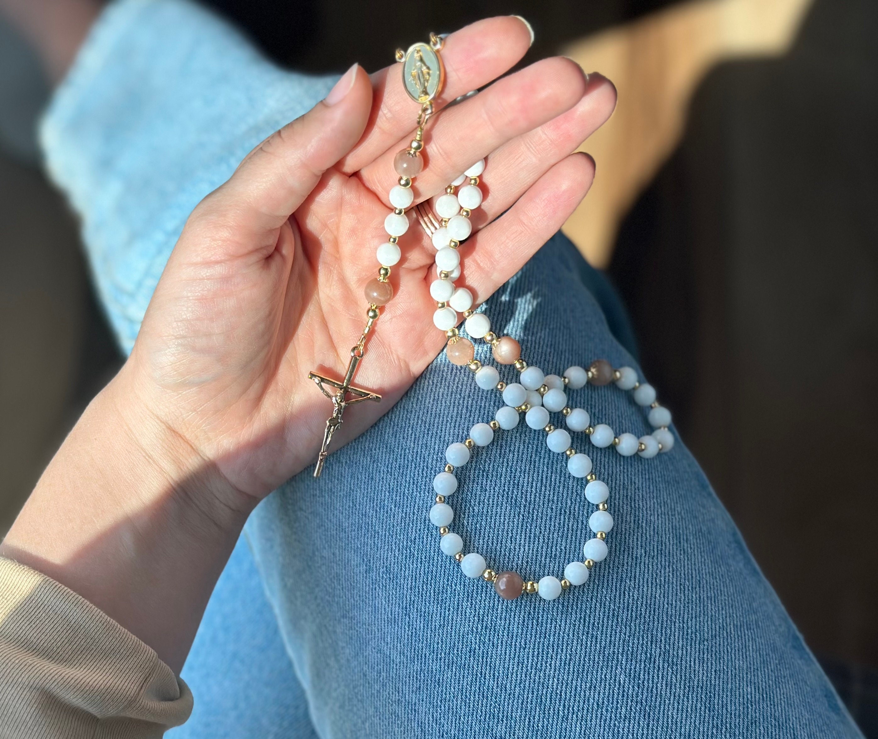 Modern White Catholic Rosary Gold Catholic Rosary Gemstone Rosary ...