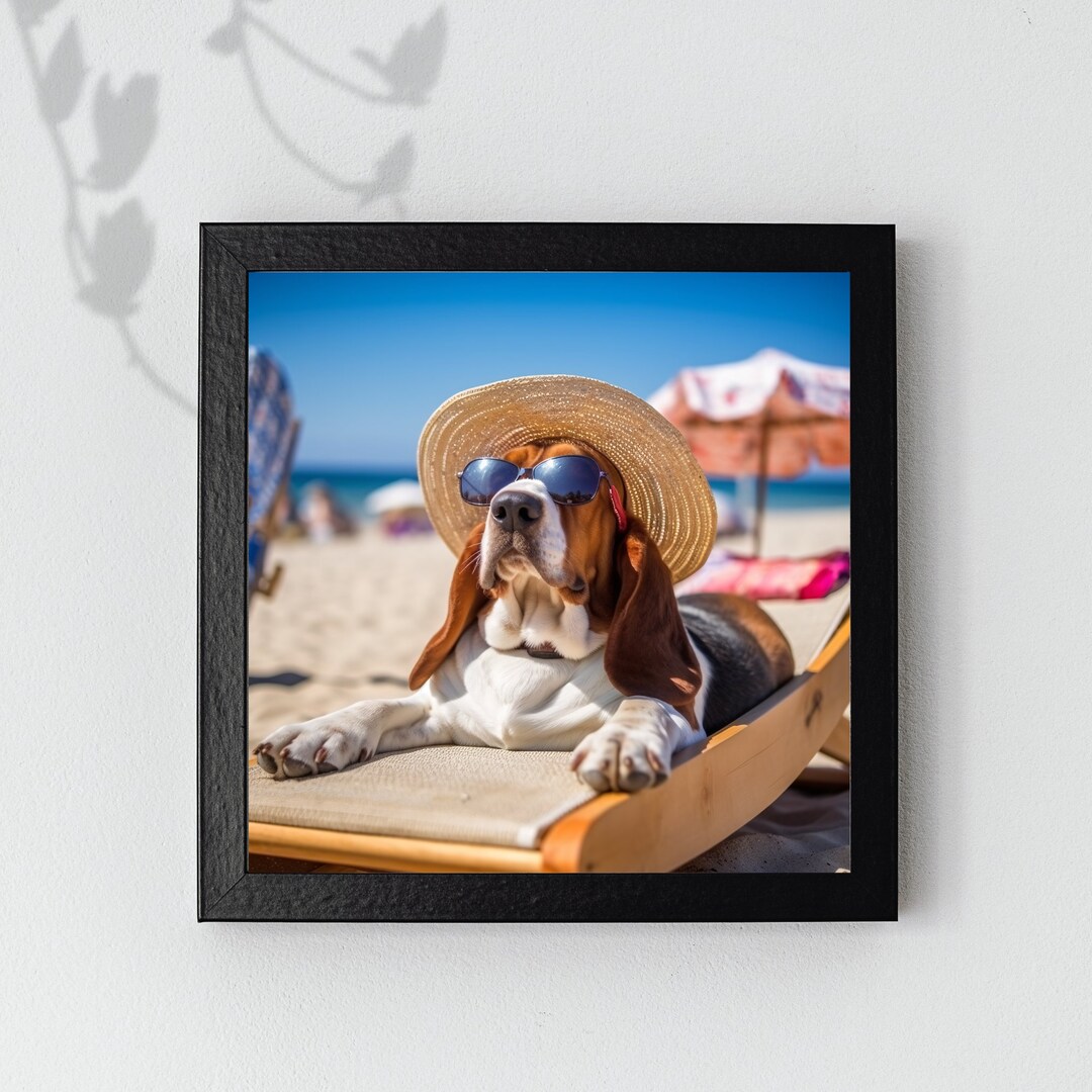 Basset Hound Relaxing on the Beach, Dog Wall Art Poster, Basset Hound ...