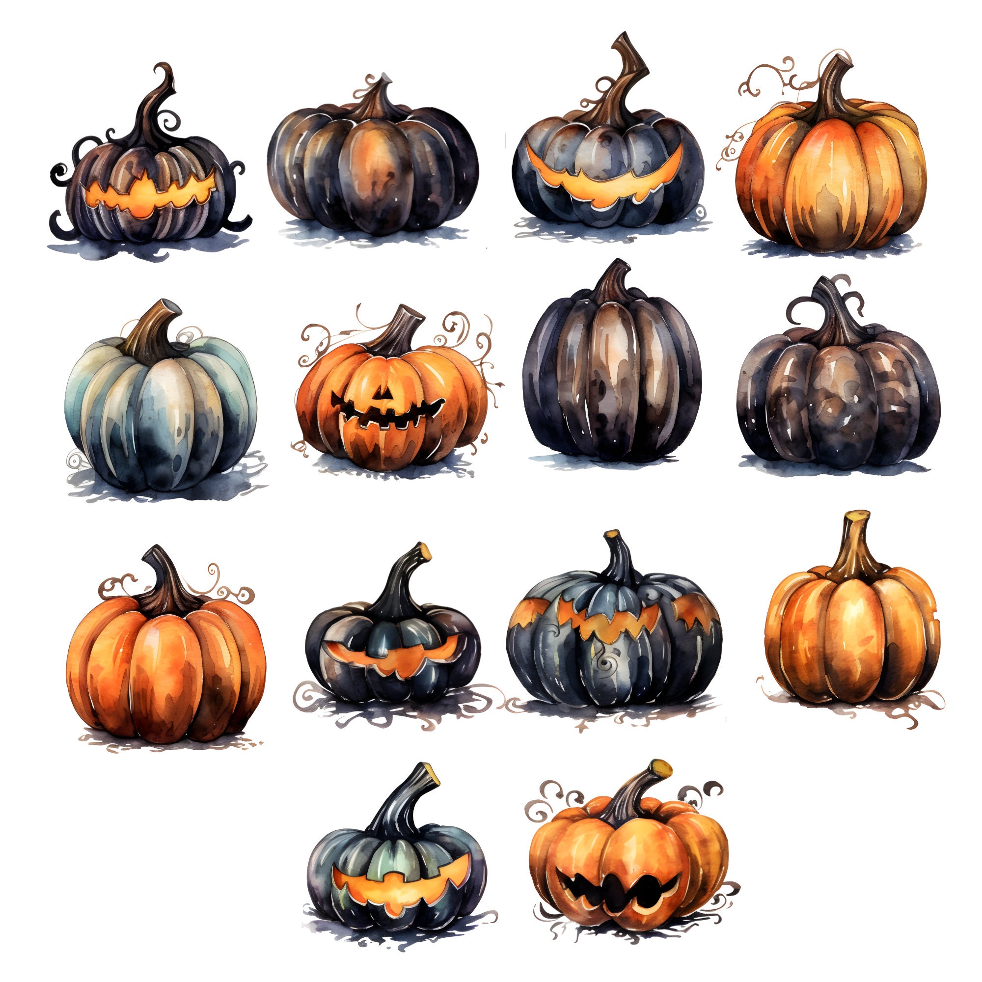 Black Pumpkin Clipart Bundle Watercolor Halloween Fall - Etsy