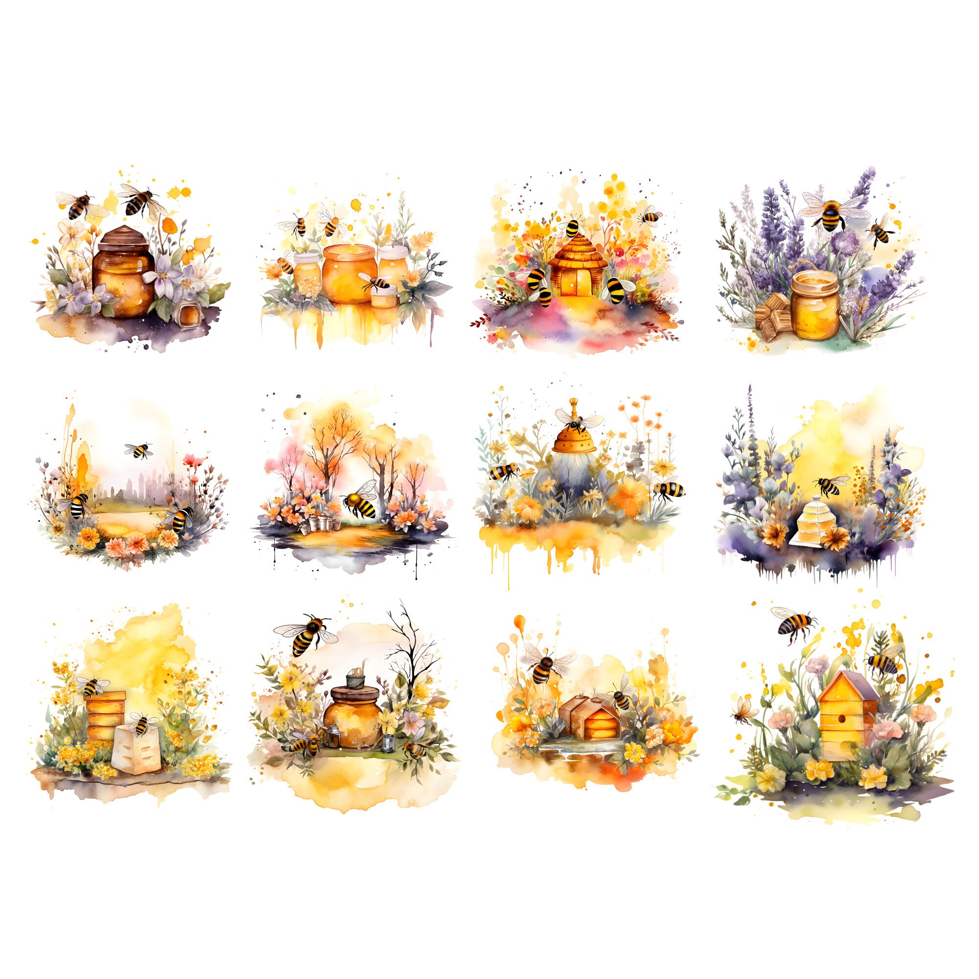 Watercolor Honey Bee Clipart - Spring Floral and Honey - Spring Clipart ...