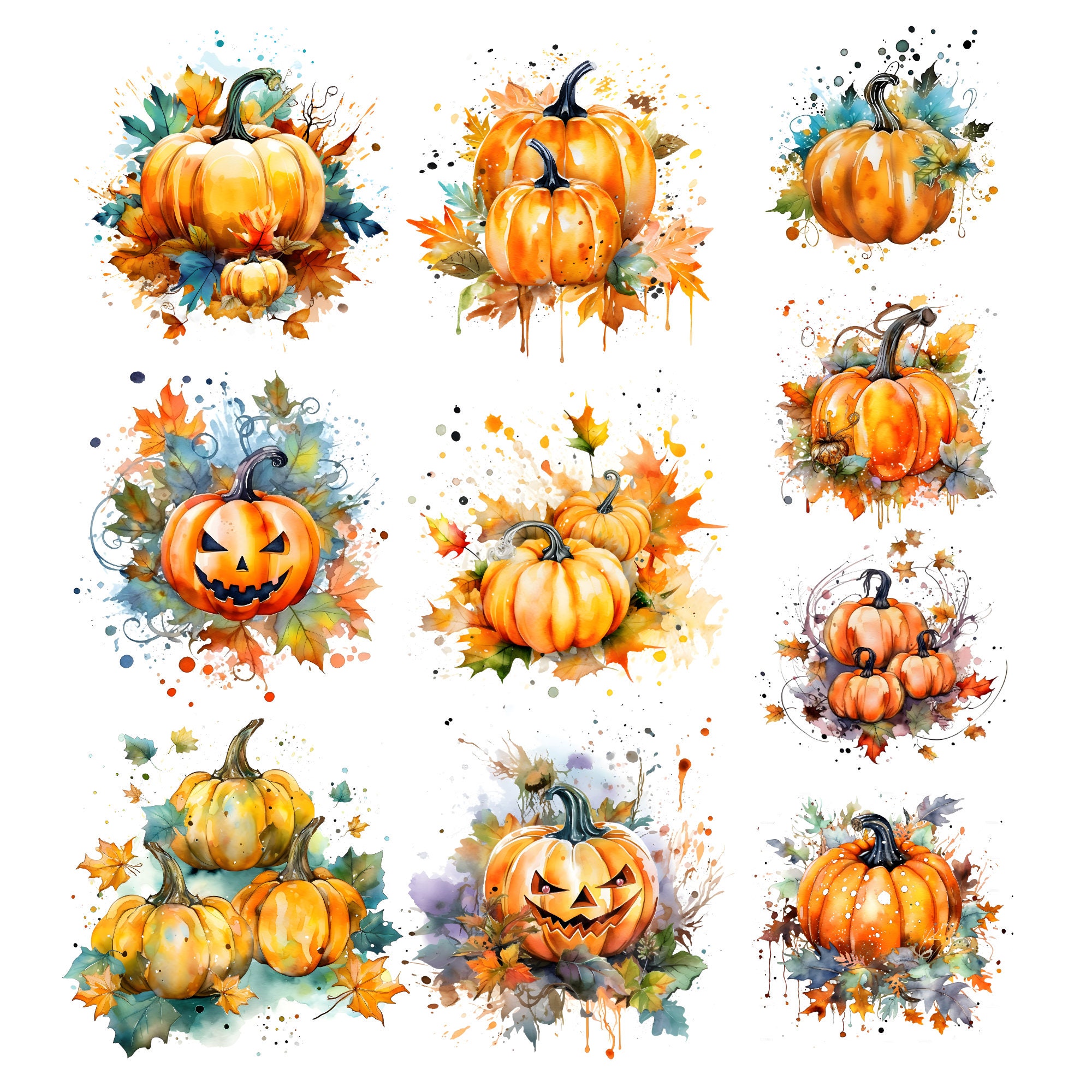 Halloween Pumpkin Png Clipart Bundle Autumn Watercolor - Etsy