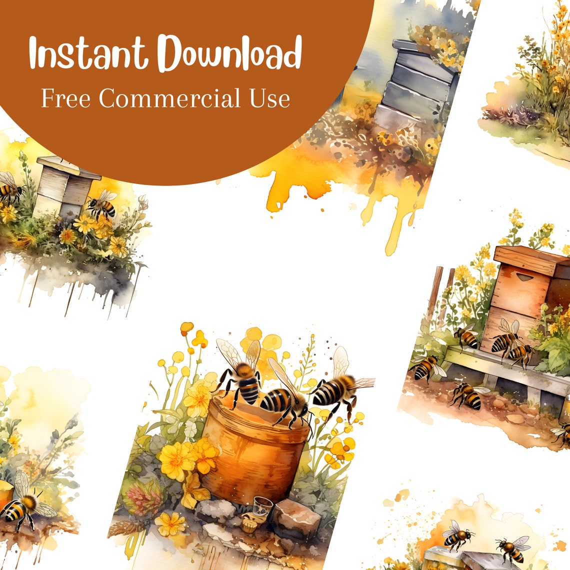 Watercolor Honey Bee Clipart - Garden Scene - Spring Clipart - PNG ...