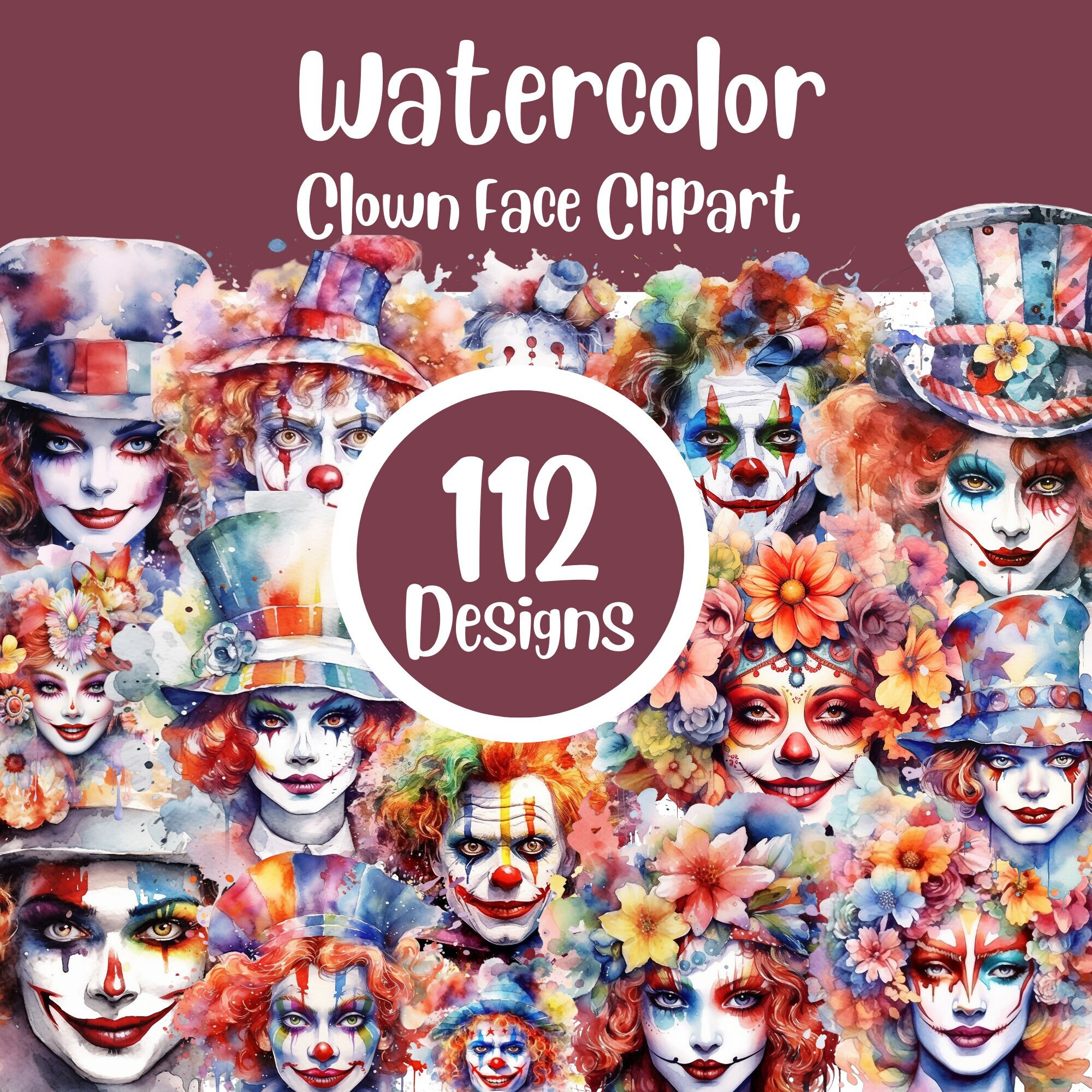 Clown Face Clipart, Whimsical Watercolor Style PNG Designs Colorful ...