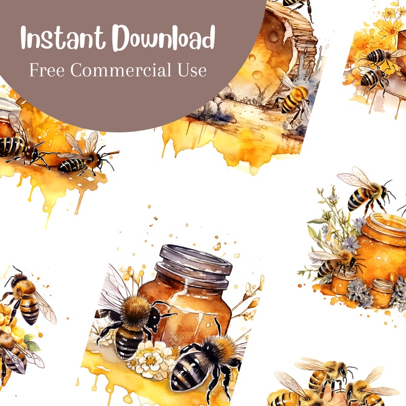 Watercolor Honey Bee Clipart - Spring Floral and Honey - Spring Clipart ...