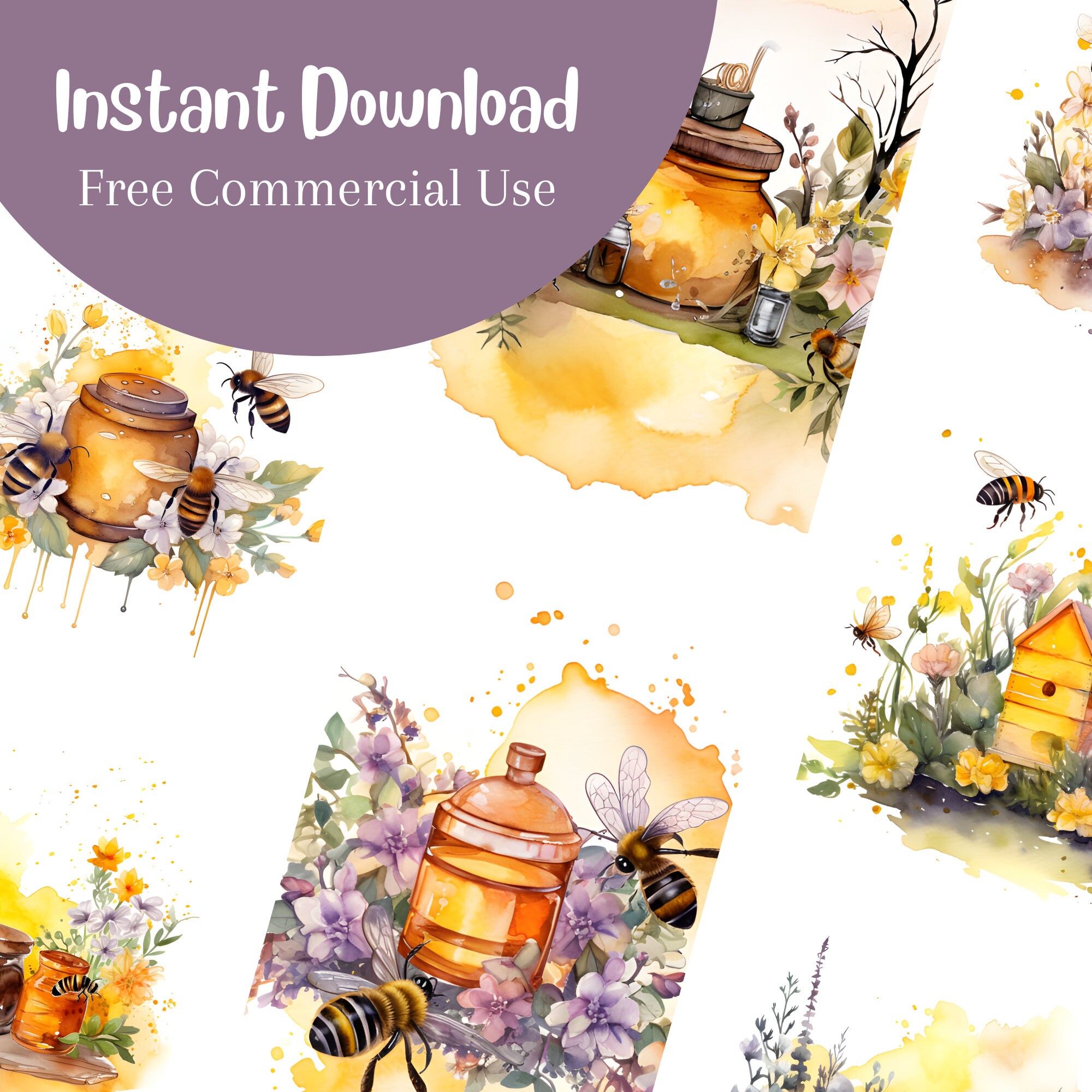 Watercolor Honey Bee Clipart - Spring Floral and Honey - Spring Clipart ...