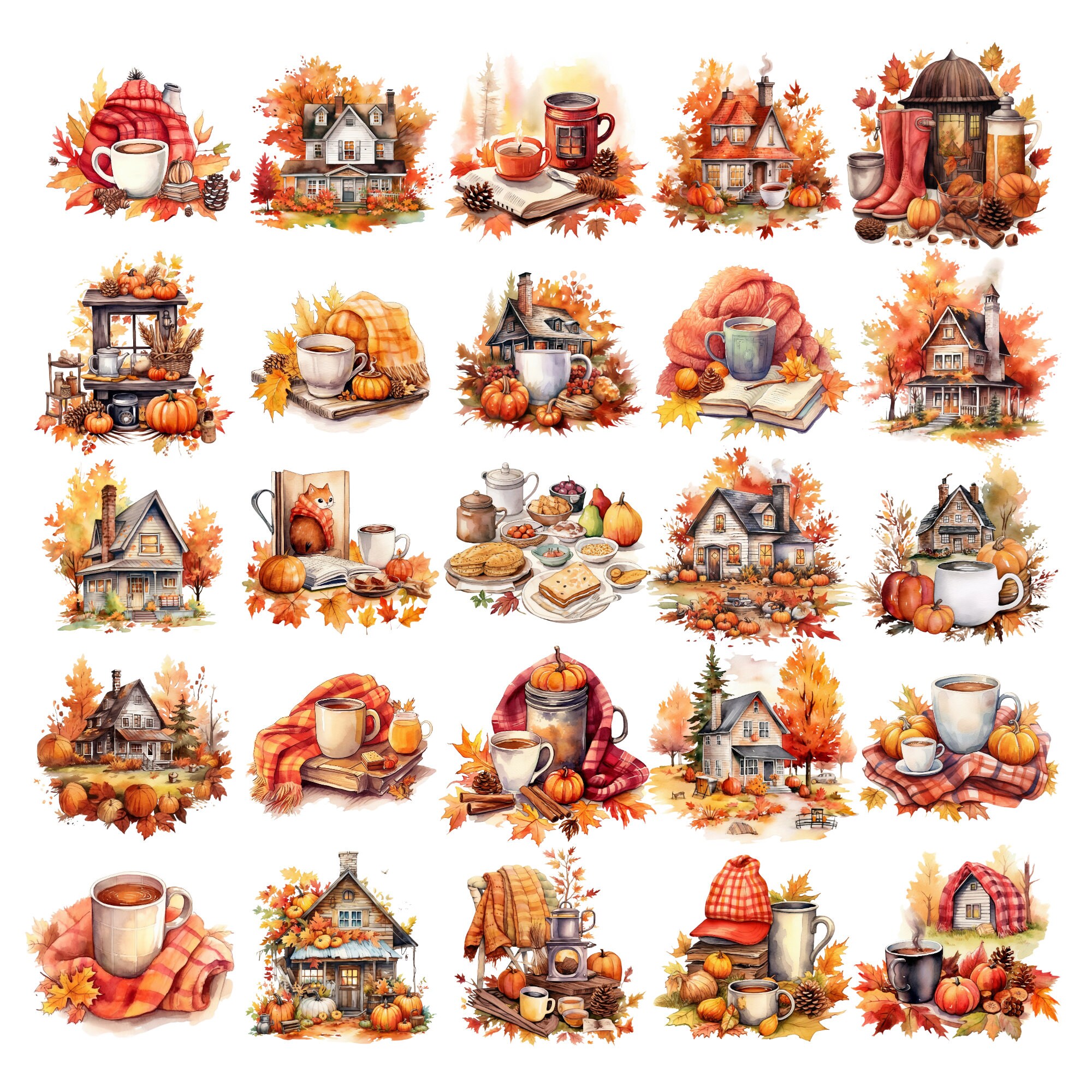 Cozy Fall Autumn Leaves, Pumpkins, Harvest, and Fall Foliage Clipart ...