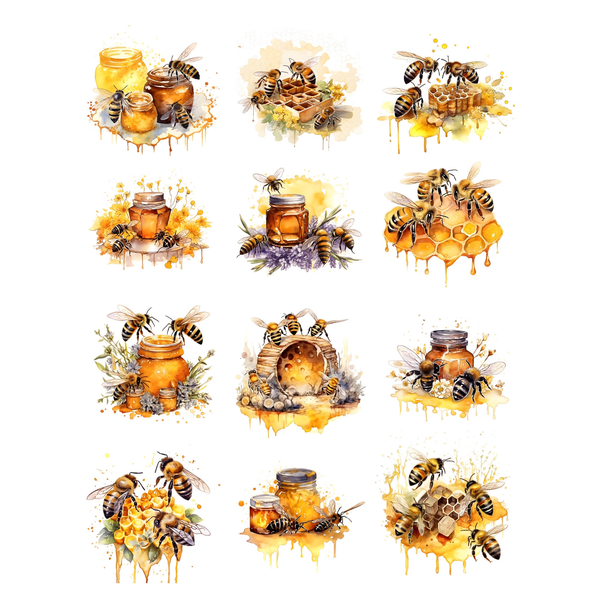 Watercolor Honey Bee Clipart - Spring Floral and Honey - Spring Clipart ...