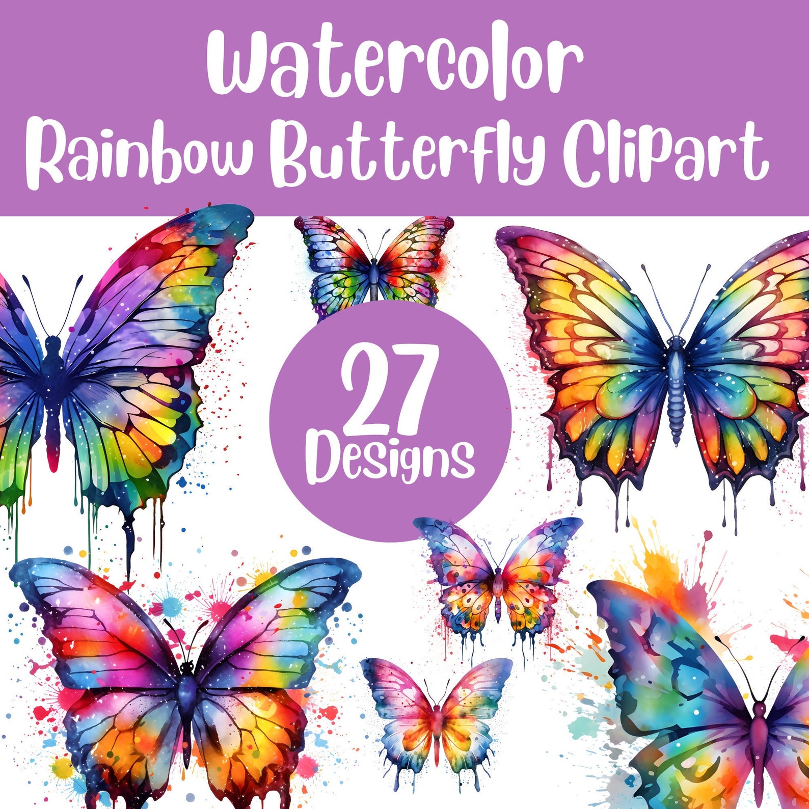 Rainbow Butterfly Clip Art - Watercolor Style - Multicolored Png ...